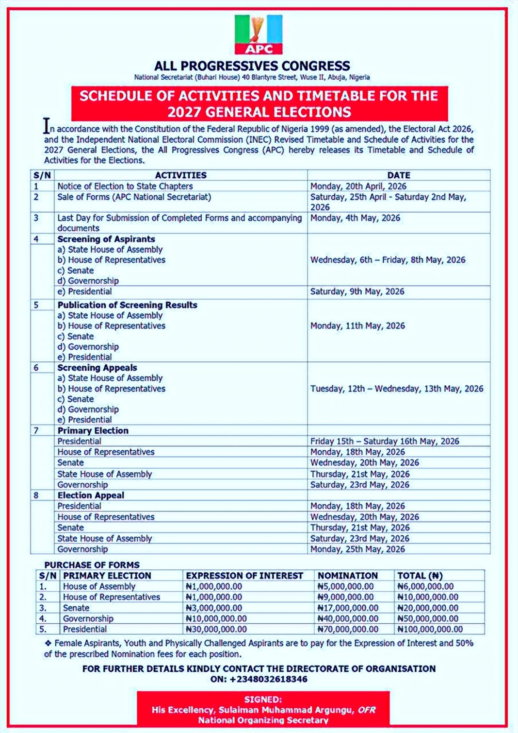 APC Releases 2027 Election Timetable